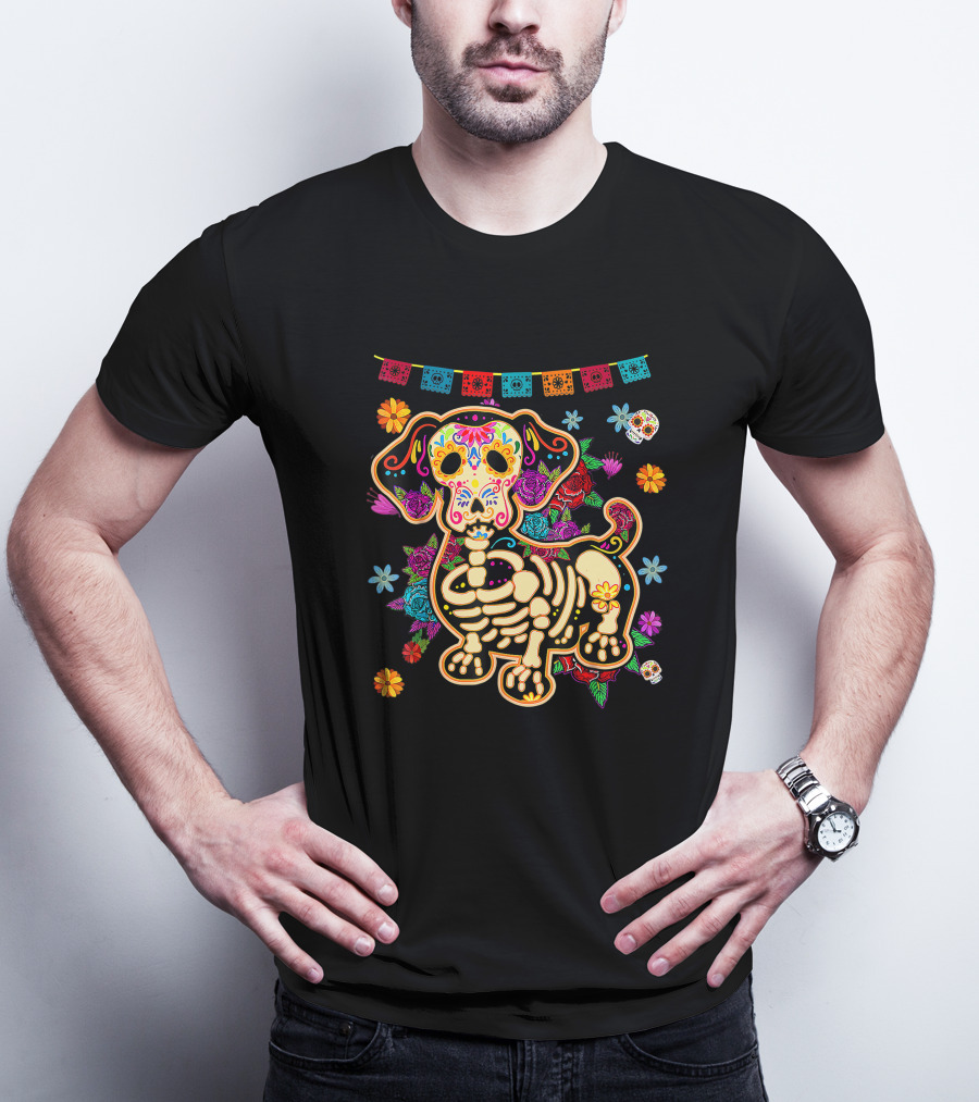 Sugar Skull Mexican Dachshund Bone Halloween Day Of The Dead Dog Skeleton Flowers T-Shirt