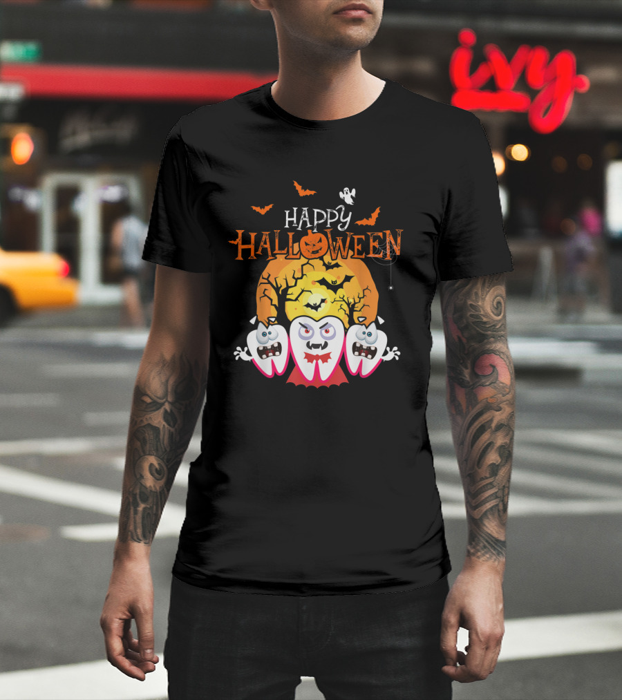 Happy Halloween Scary Dental Teeth With Cracked Moon And Bats T-Shirt