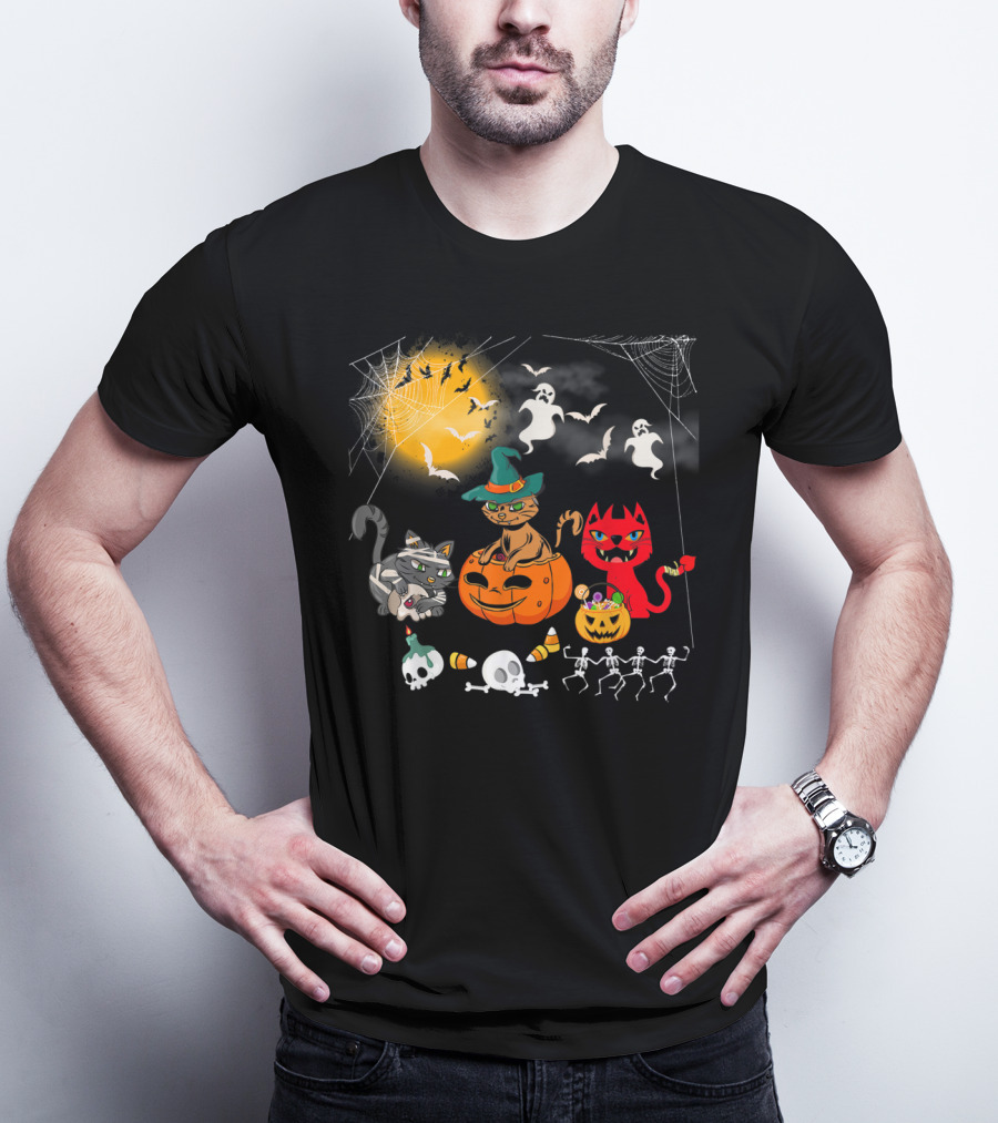 Halloween Funny Cat Lover With Witch Cat And Devil Cat T-Shirt