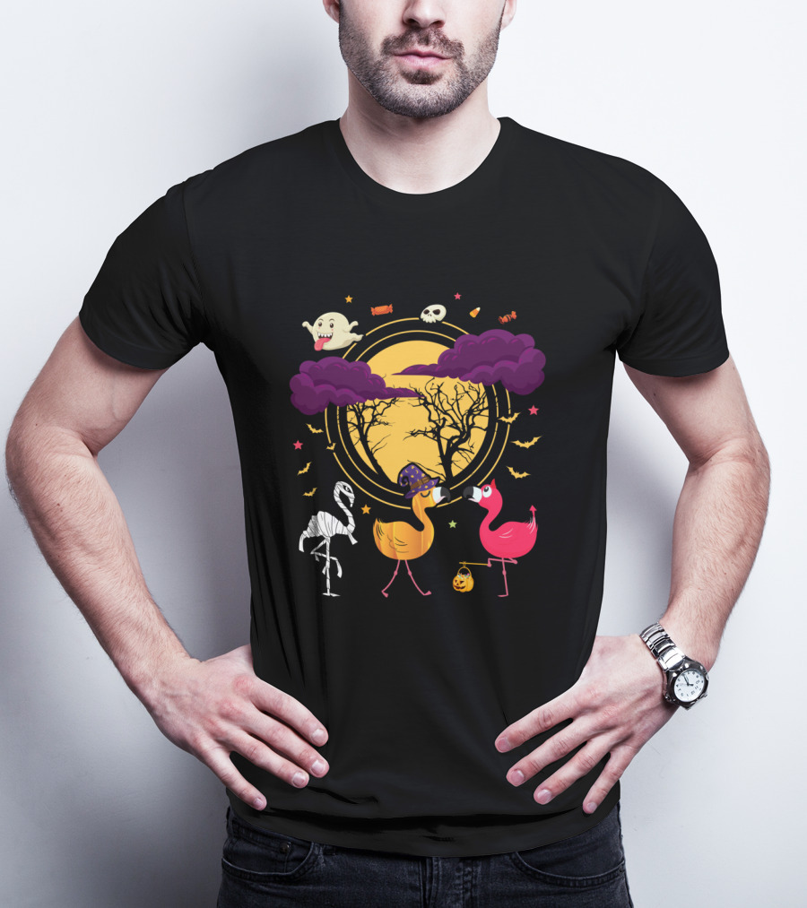 Flamingo Halloween Night With Spooky Duck Skeleton Ghosts Bats Candy Moon T-Shirt