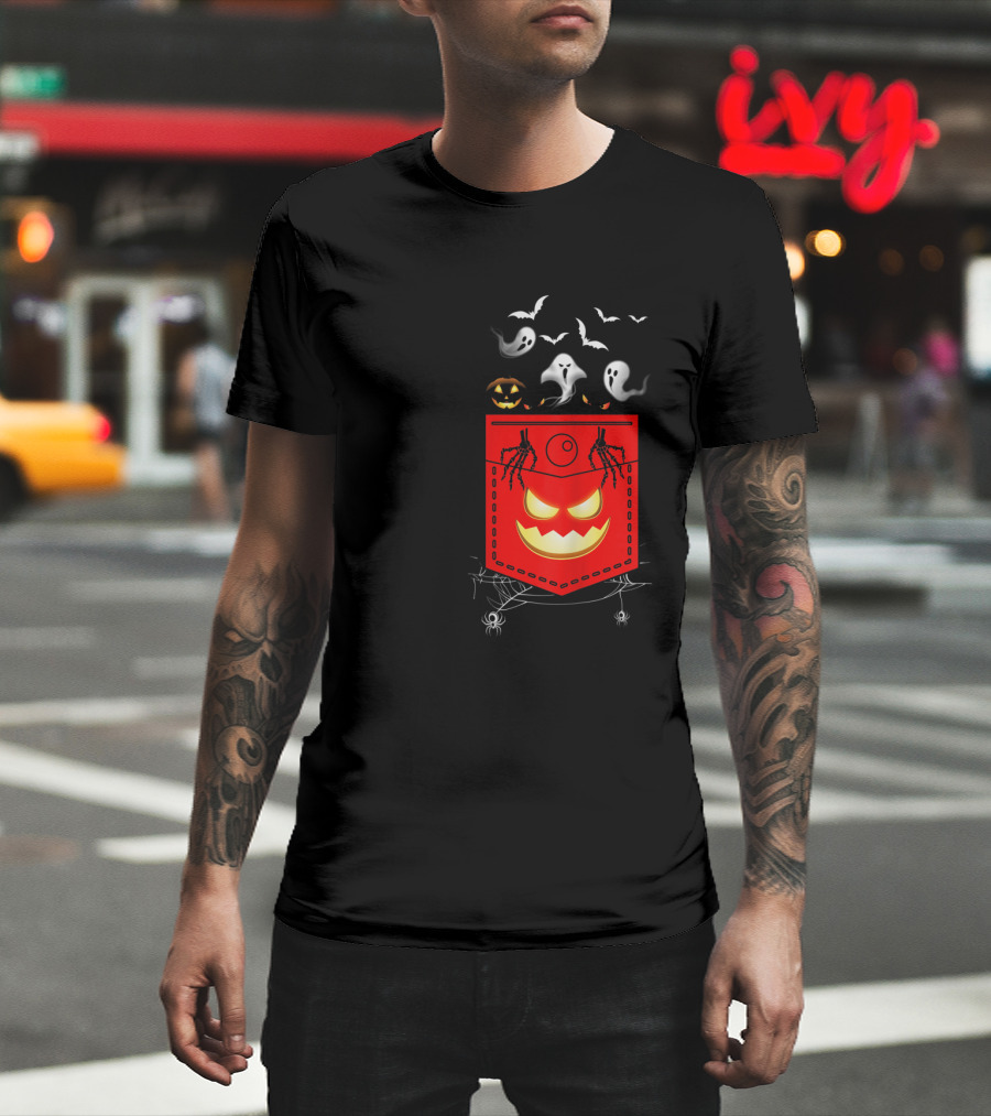 Halloween Costume Ghosts Peeking Pocket Pumpkin Bats Skeleton Spiders T-Shirt