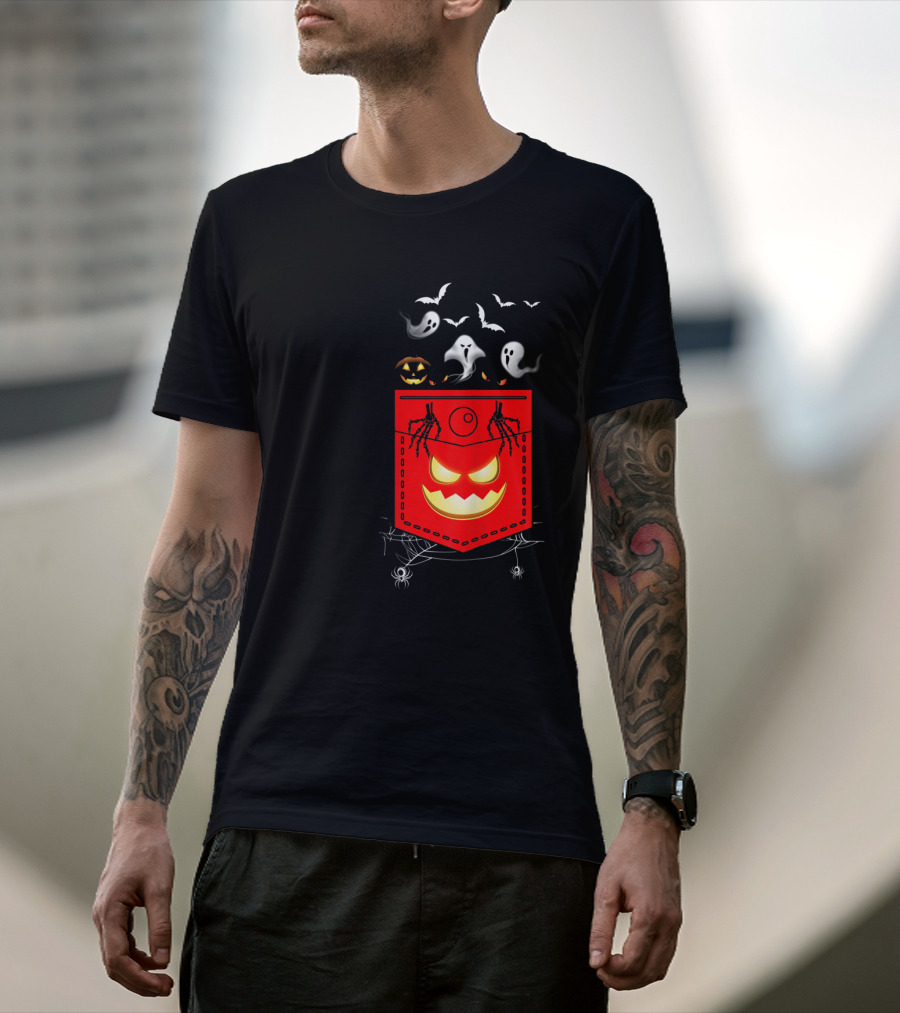 Halloween Costume Ghosts Peeking Pocket Pumpkin Bats Skeleton Spiders T-Shirt