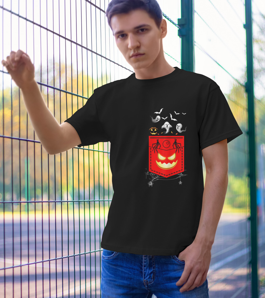 Halloween Costume Ghosts Peeking Pocket Pumpkin Bats Skeleton Spiders T-Shirt