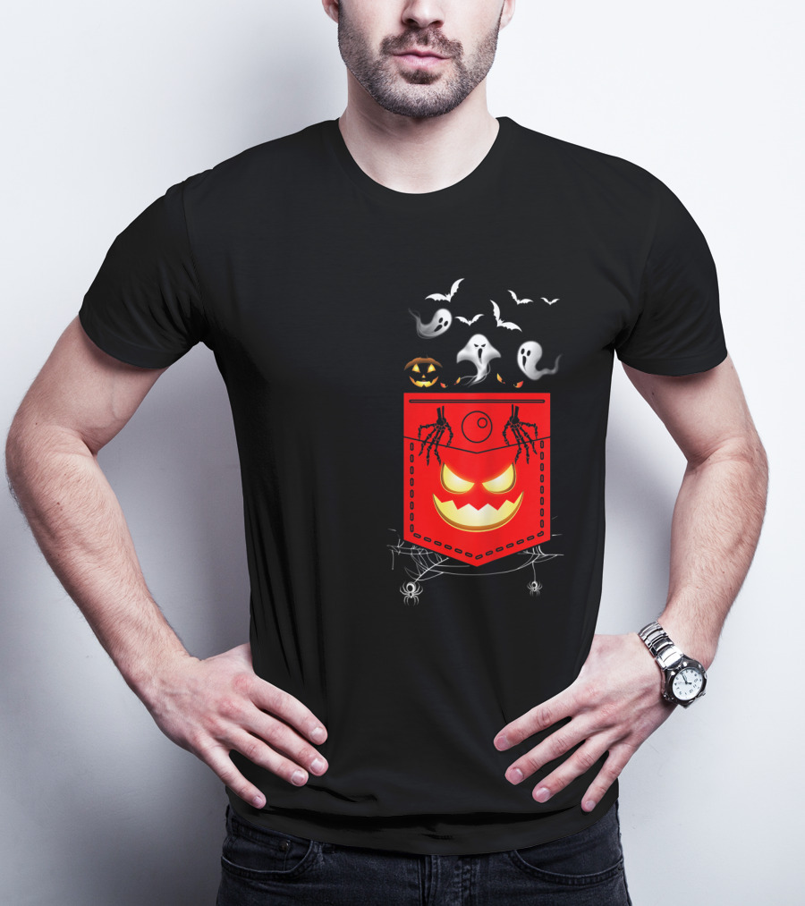 Halloween Costume Ghosts Peeking Pocket Pumpkin Bats Skeleton Spiders T-Shirt