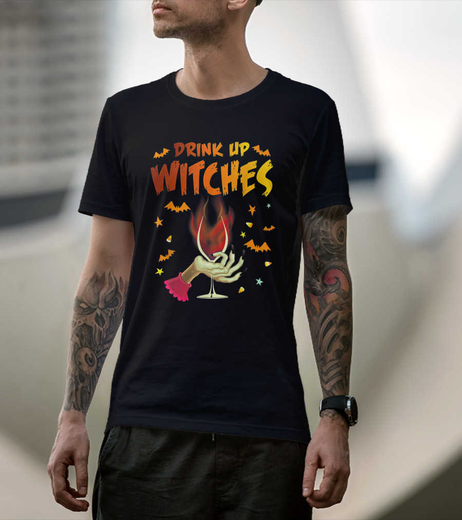 Drink Up Witches Halloween Witch Hand Wine Glass Bat Candy Corn T-Shirt