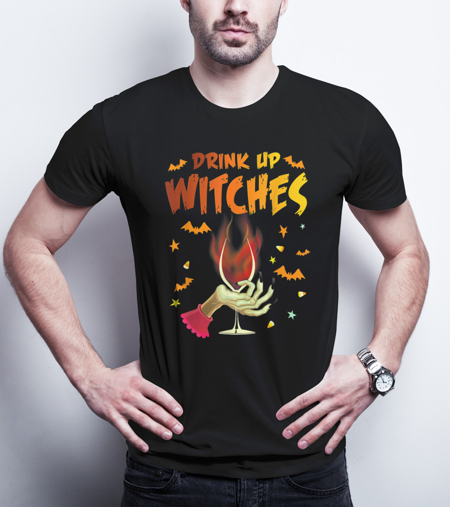 Drink Up Witches Halloween Witch Hand Wine Glass Bat Candy Corn T-Shirt
