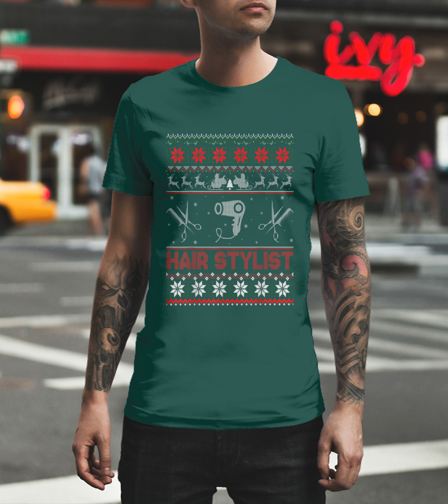Hair Stylist Ugly Christmas Sweater Scissors And Hairdryer T-Shirt