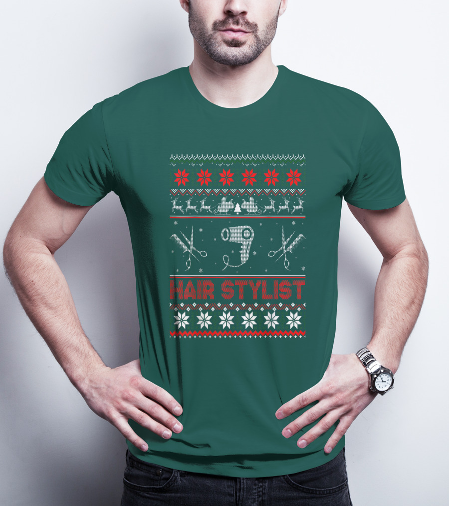Hair Stylist Ugly Christmas Sweater Scissors And Hairdryer T-Shirt