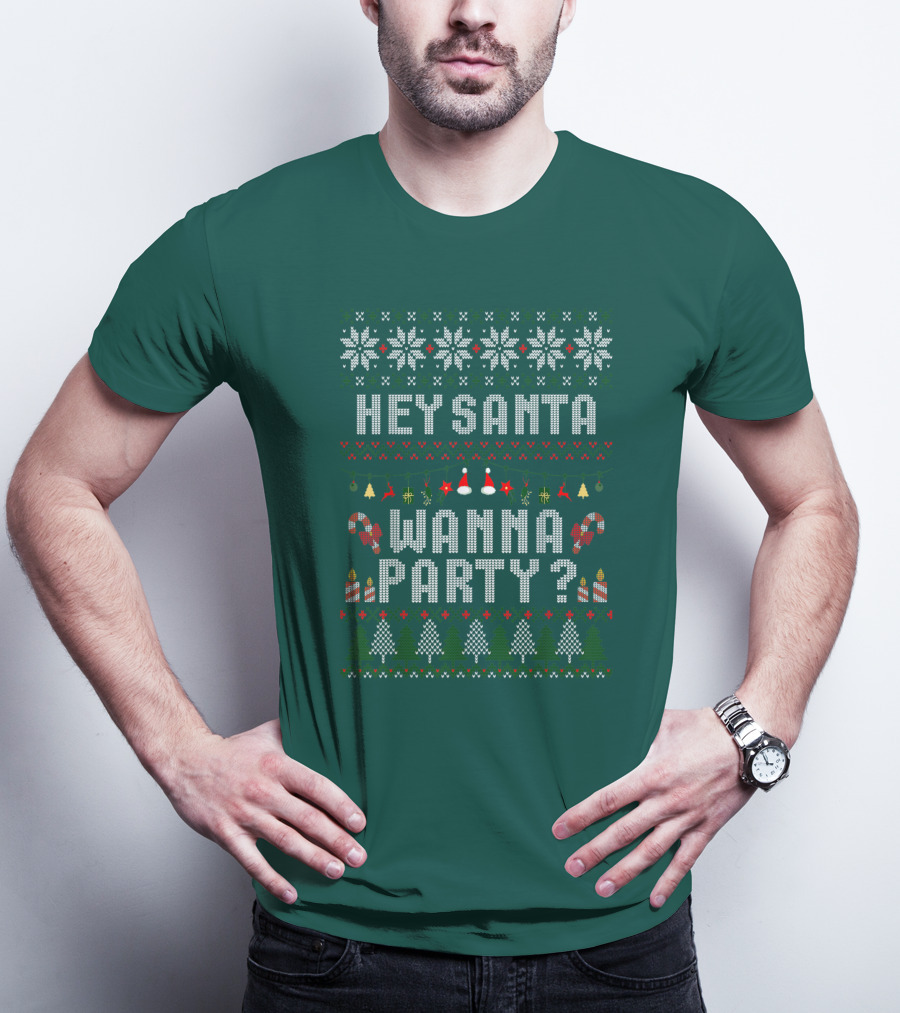 Hey Santa Wanna Party Christmas Ugly Sweater Style Holiday Festive T-Shirt