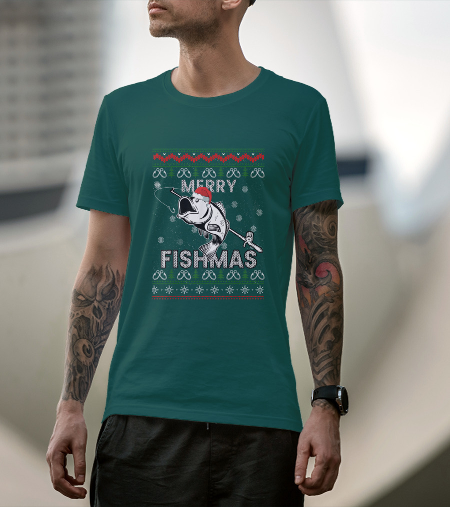 Merry Fishmas Fishing Santa Hat Bass Ugly Christmas T-Shirt