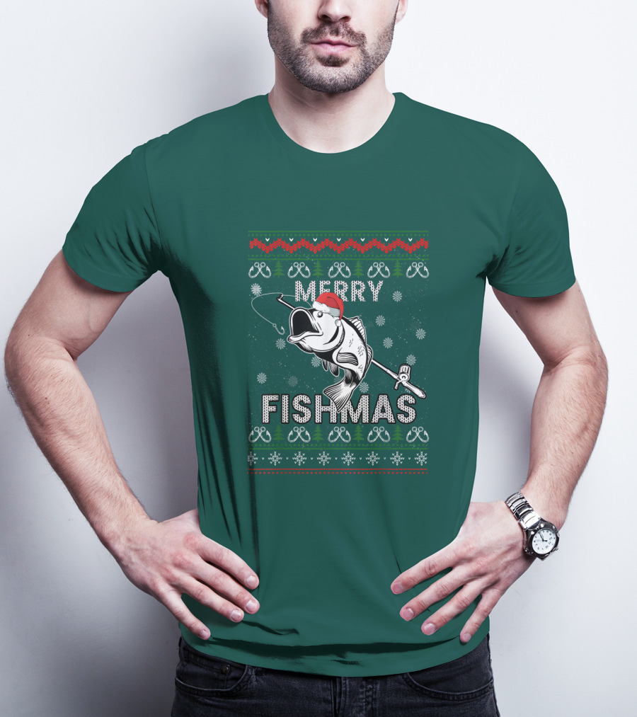 Merry Fishmas Fishing Santa Hat Bass Ugly Christmas T-Shirt