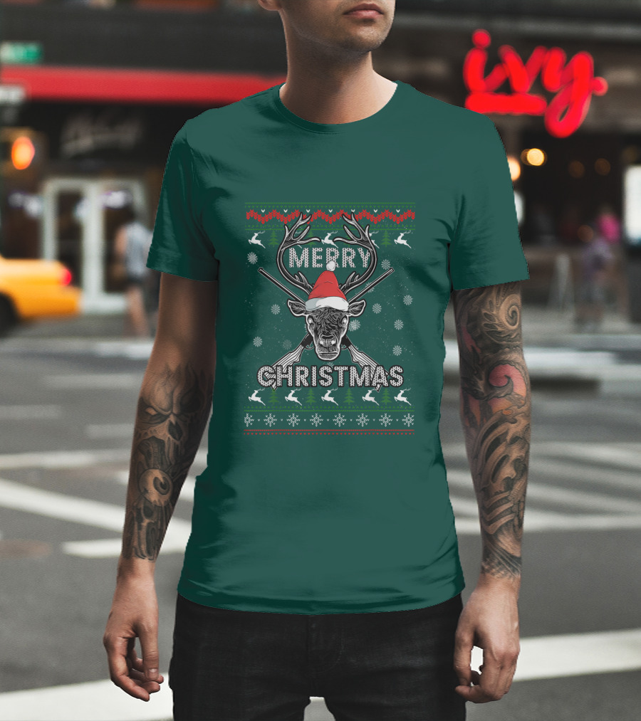 Merry Christmas Hunting Deer Antlers Santa Hat Snowflakes T-Shirt