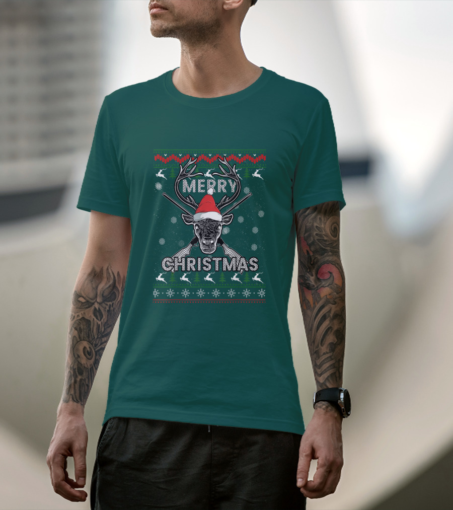 Merry Christmas Hunting Deer Antlers Santa Hat Snowflakes T-Shirt