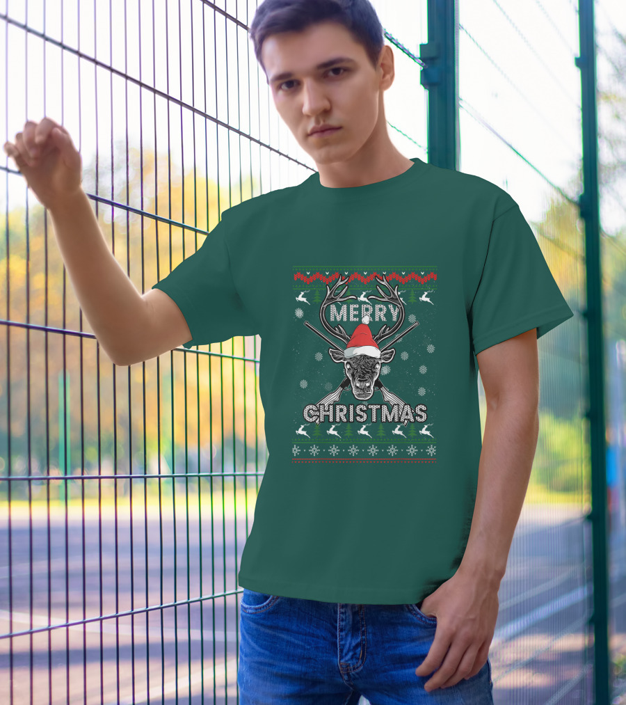Merry Christmas Hunting Deer Antlers Santa Hat Snowflakes T-Shirt
