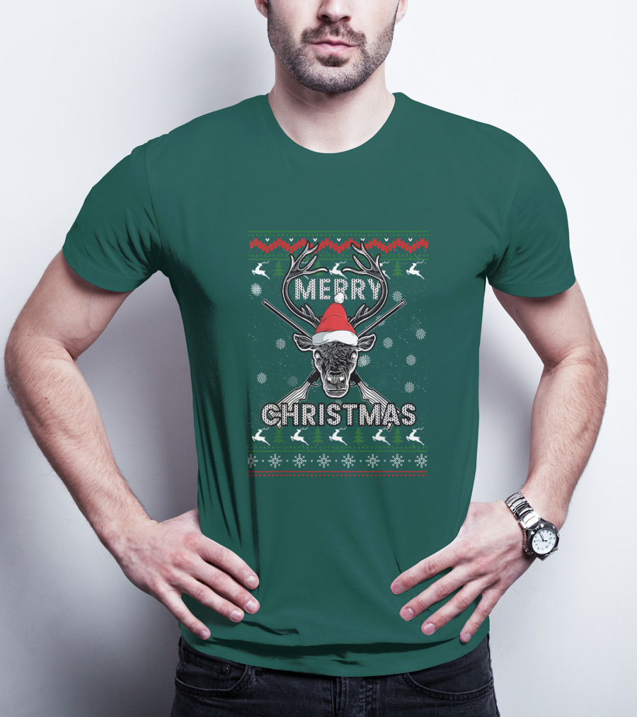 Merry Christmas Hunting Deer Antlers Santa Hat Snowflakes T-Shirt