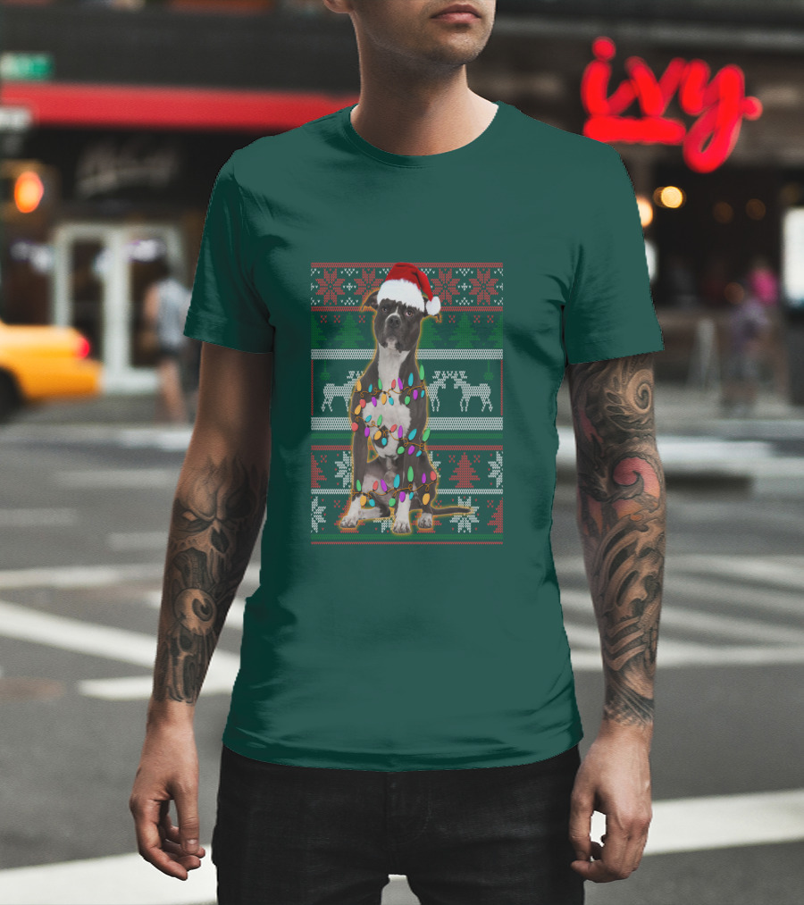 Pitbull Christmas Sweater With Santa Hat And Holiday Lights T-Shirt