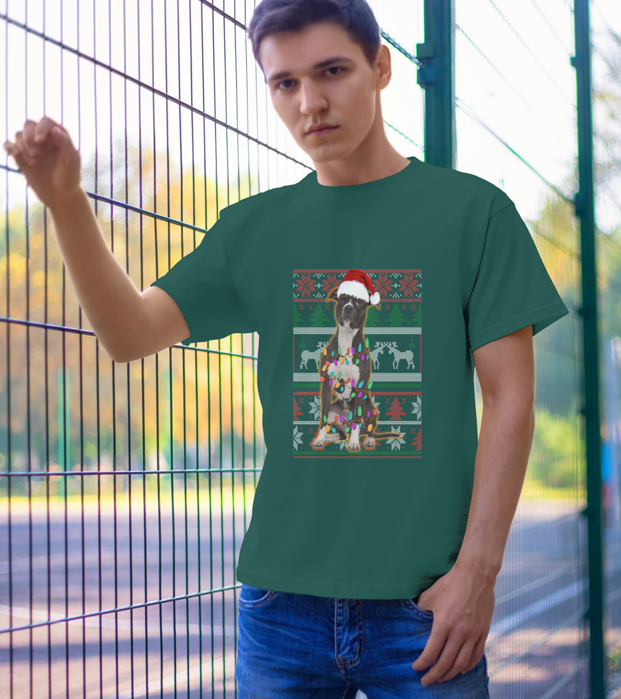 Pitbull Christmas Sweater With Santa Hat And Holiday Lights T-Shirt