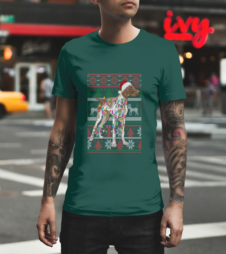 Pointer Christmas Ugly Sweater Santa Hat Lights T-Shirt