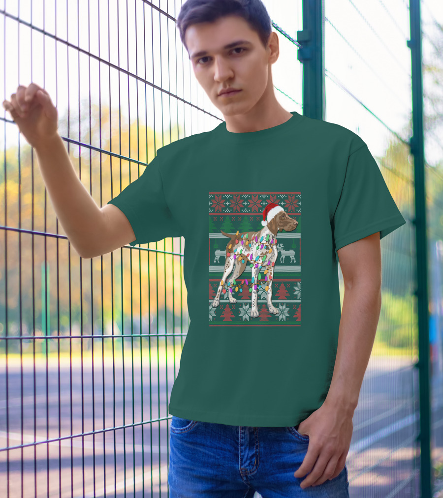 Pointer Christmas Ugly Sweater Santa Hat Lights T-Shirt