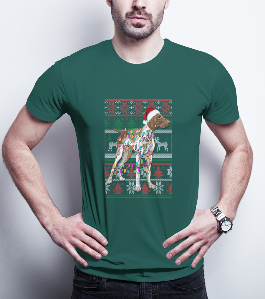 Pointer Christmas Ugly Sweater Santa Hat Lights T-Shirt