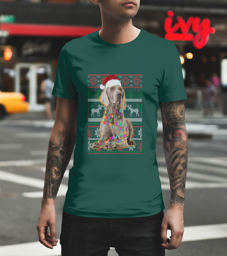 Weimaraner Christmas Lights Santa Hat Holiday T-Shirt