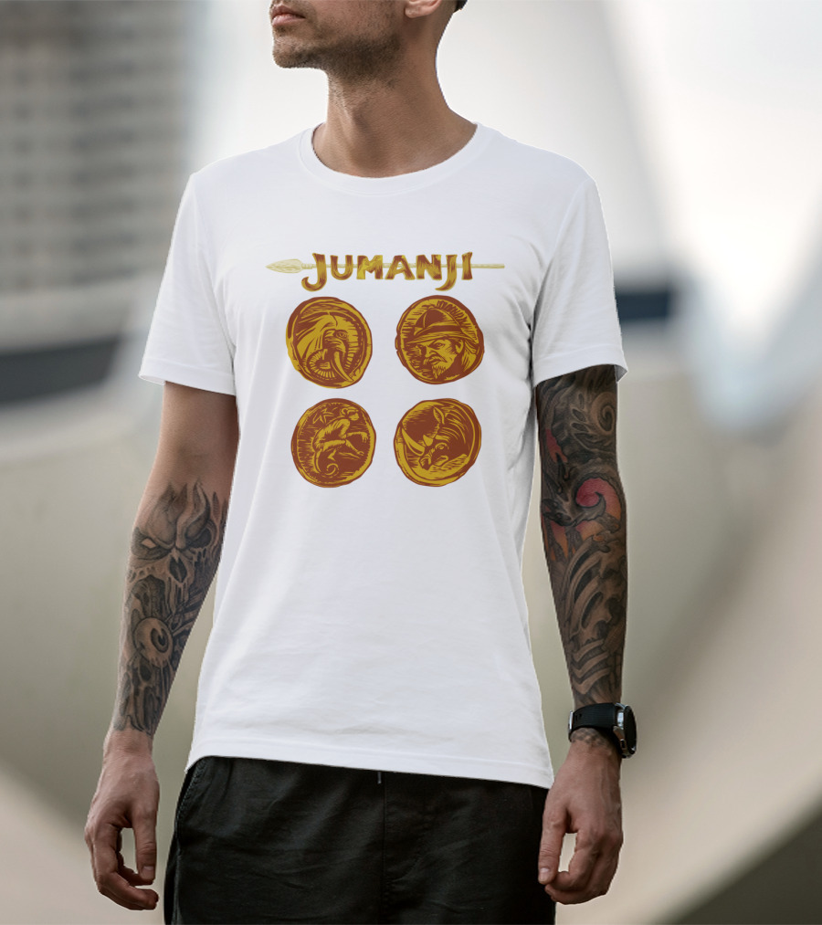 Jumanji Character Portrait Coins And Spear Sketch T-Shirt