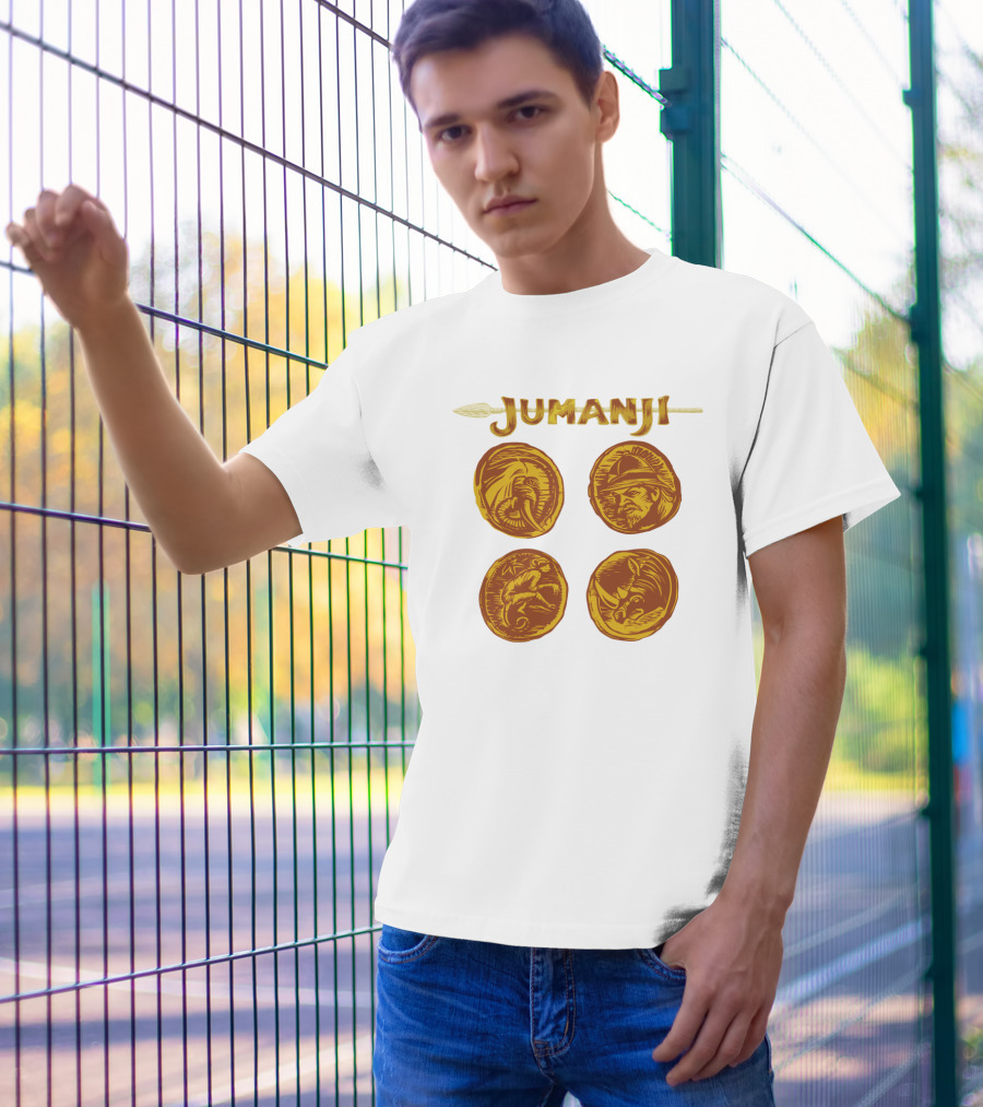 Jumanji Character Portrait Coins And Spear Sketch T-Shirt
