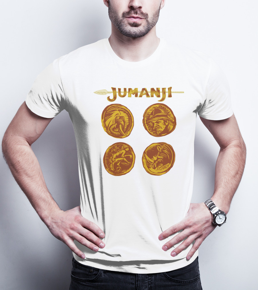 Jumanji Character Portrait Coins And Spear Sketch T-Shirt