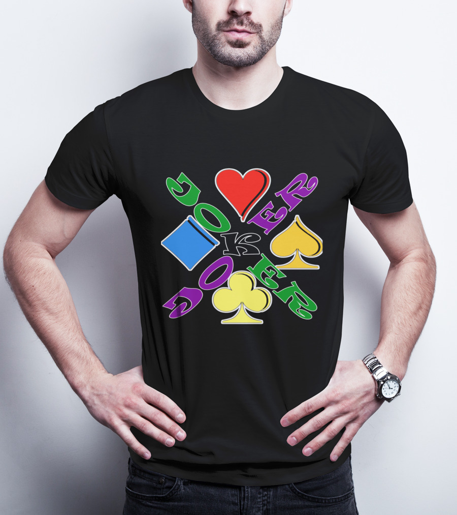 Rainbow Colored Joker Heart Spade Club Diamond Playing Cards T-Shirt