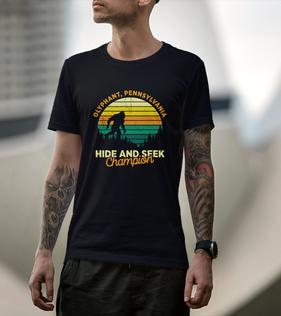 Olyphant Pennsylvania Bigfoot Hide And Seek Champion Retro Sunset T-Shirt