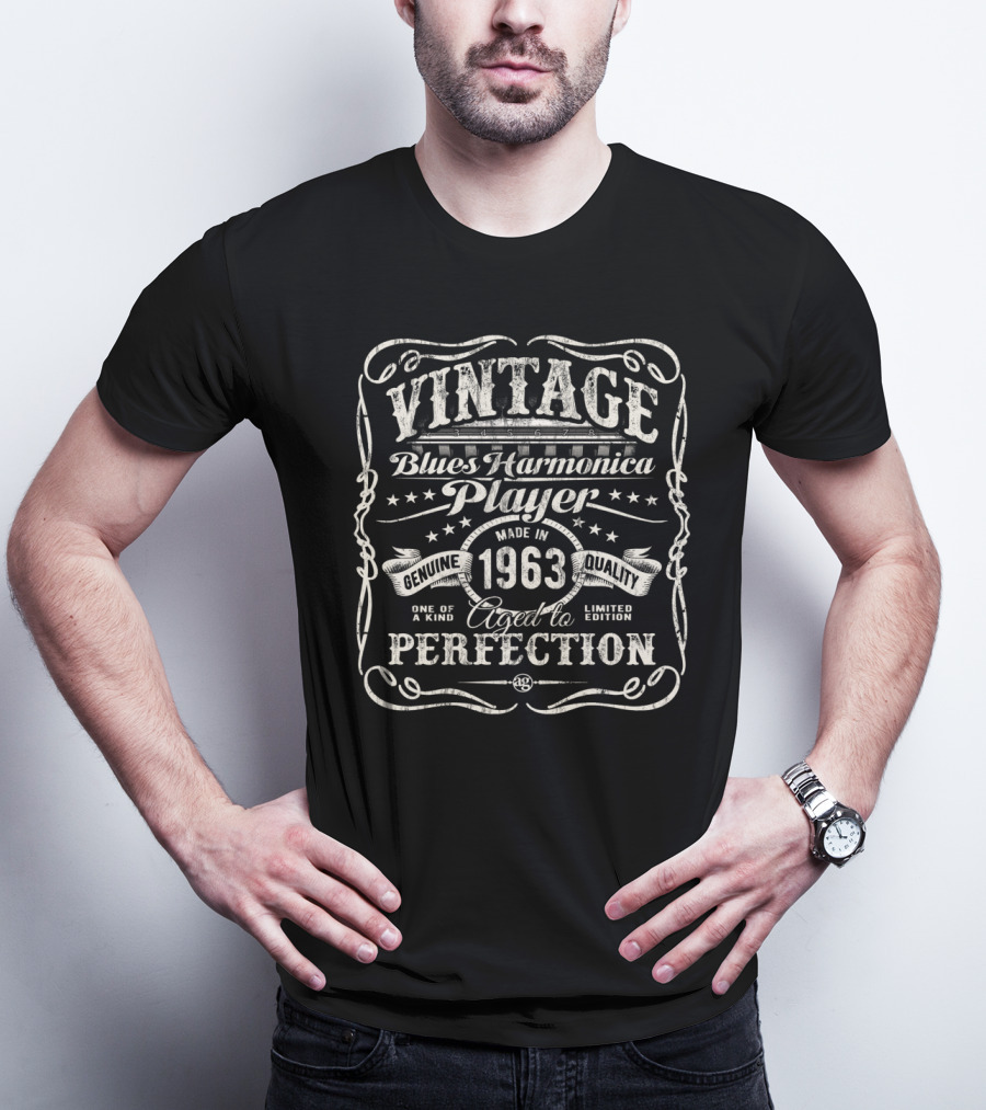 Vintage Blues Harmonica Player Made In 1963 Aged To Perfection Genuine Quality T-Shirt