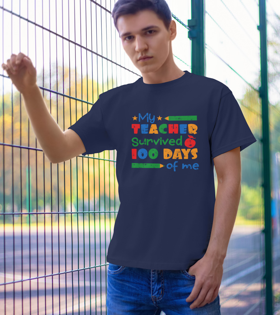 My Teacher Survived 100 Days Of Me Colorful Pencils And Apple Stars T-Shirt