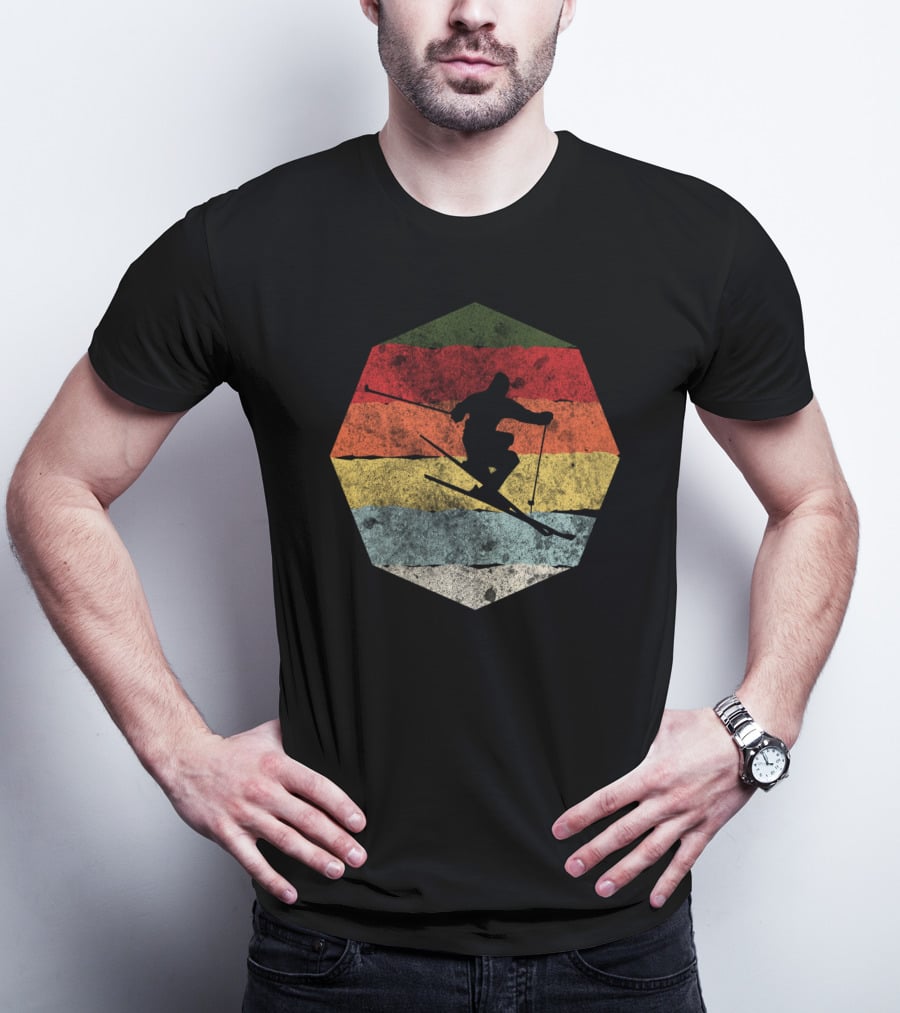 Vintage Winter Skier Birthday Hexagonal Retro Stripes T-Shirt