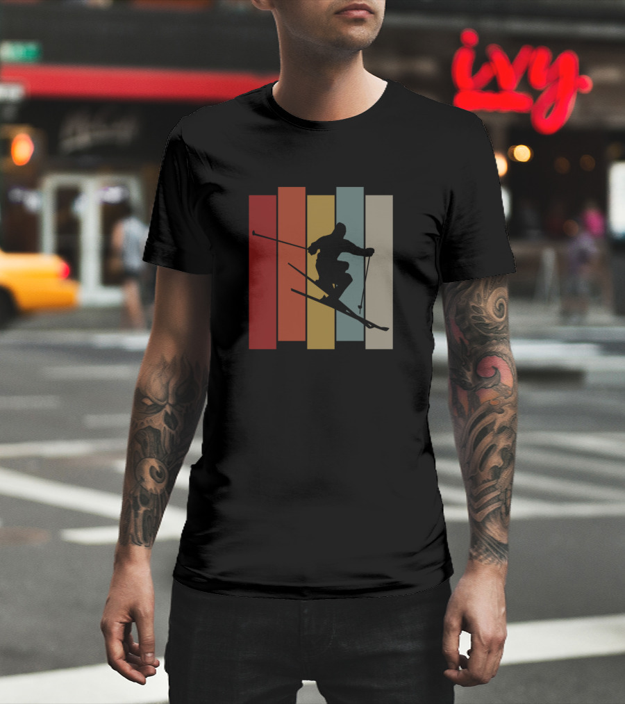 Vintage Skiing Silhouette On Colorful Retro Stripes T-Shirt