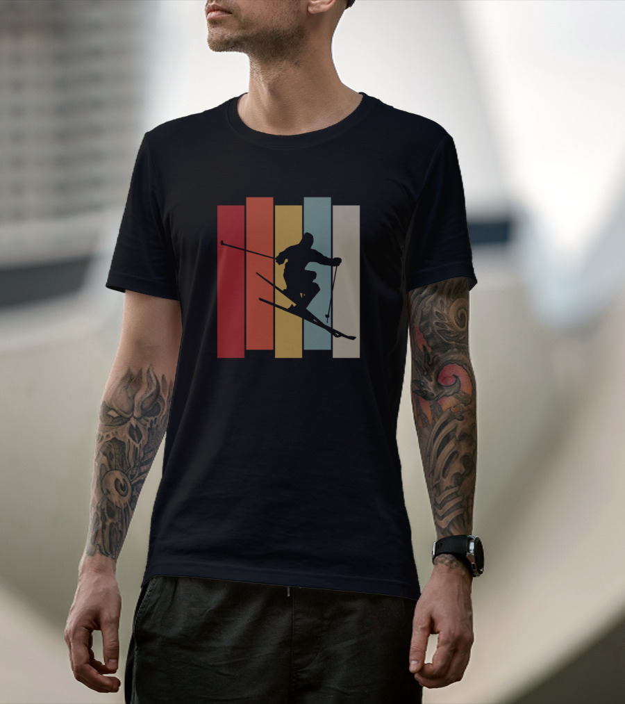 Vintage Skiing Silhouette On Colorful Retro Stripes T-Shirt