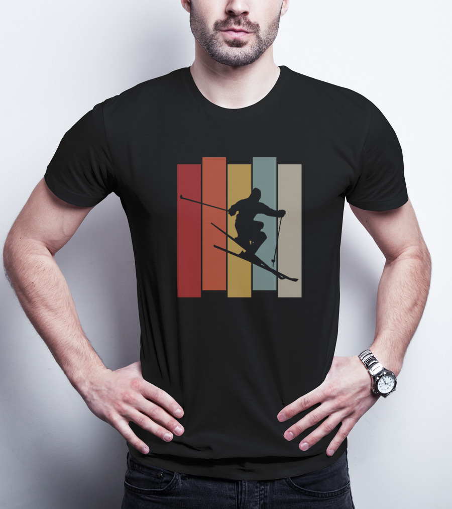 Vintage Skiing Silhouette On Colorful Retro Stripes T-Shirt