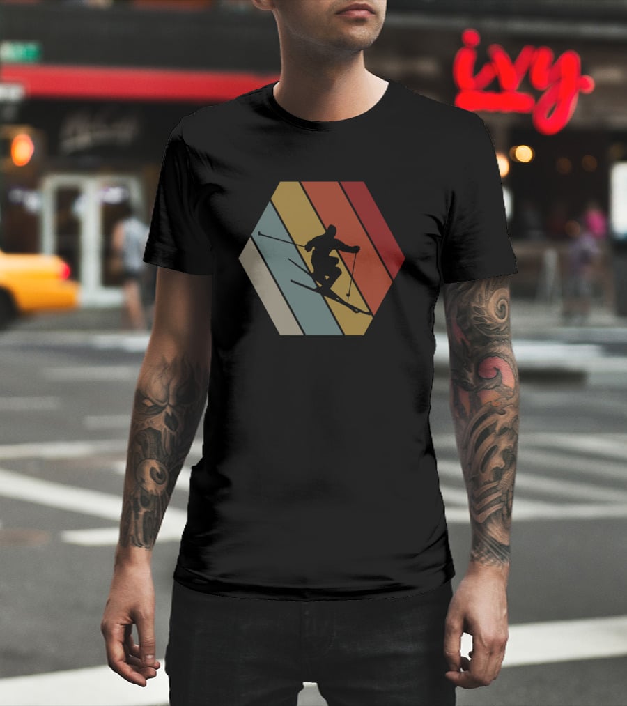 Funny Vintage Skier Hexagonal Stripes Winter T-Shirt