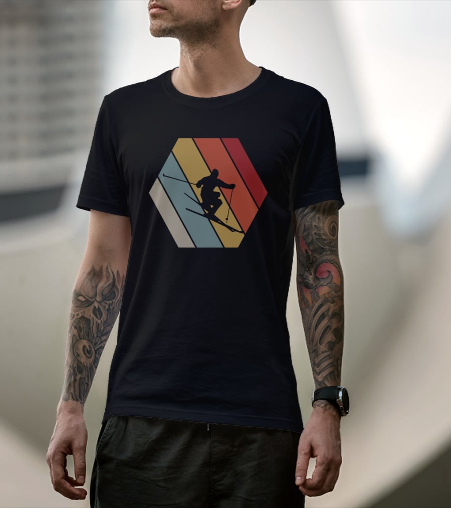 Funny Vintage Skier Hexagonal Stripes Winter T-Shirt