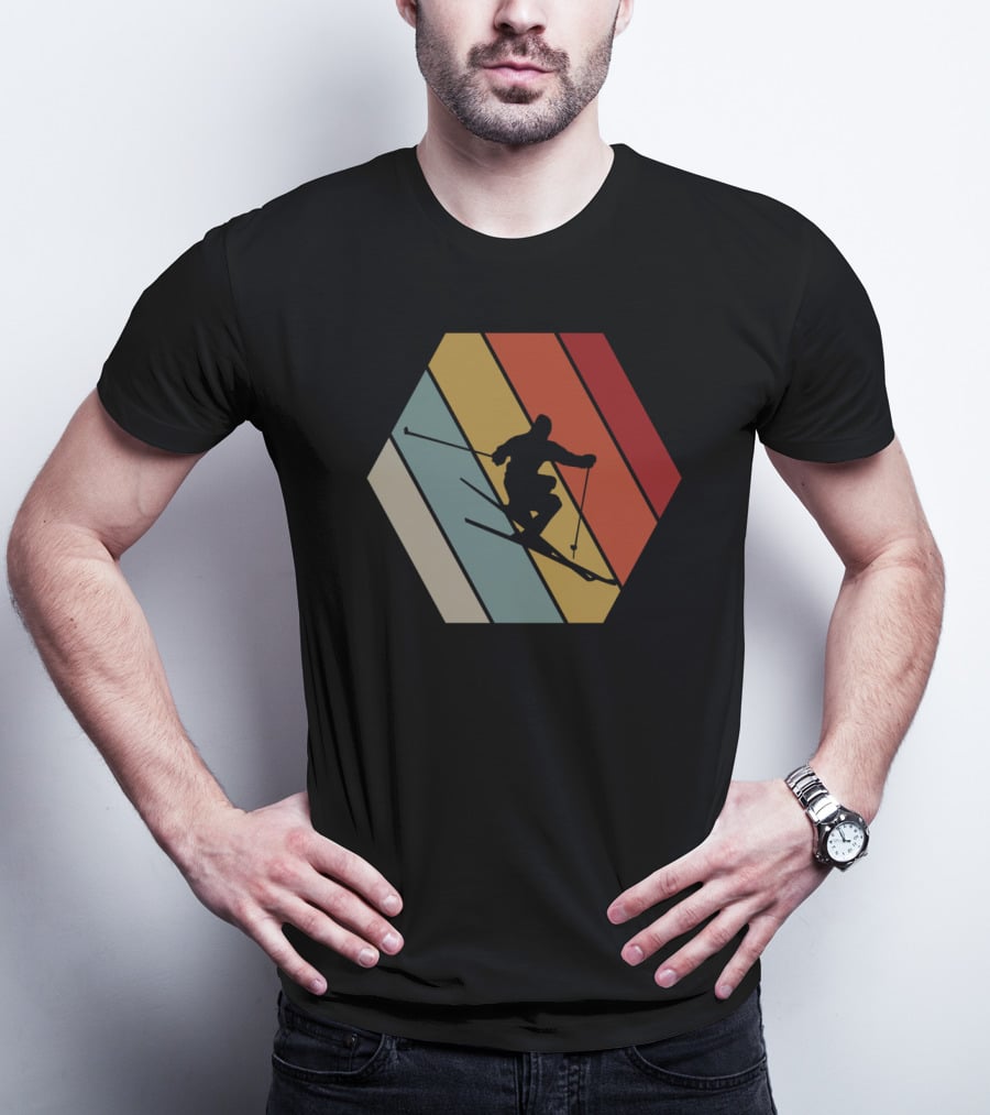 Funny Vintage Skier Hexagonal Stripes Winter T-Shirt