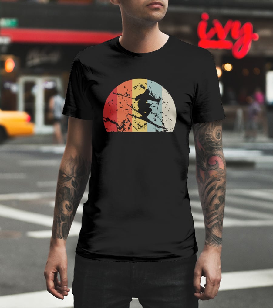 Retro Vintage Skiing Silhouette With Colorful Sunset Stripes T-Shirt