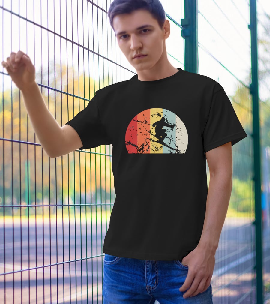 Retro Vintage Skiing Silhouette With Colorful Sunset Stripes T-Shirt