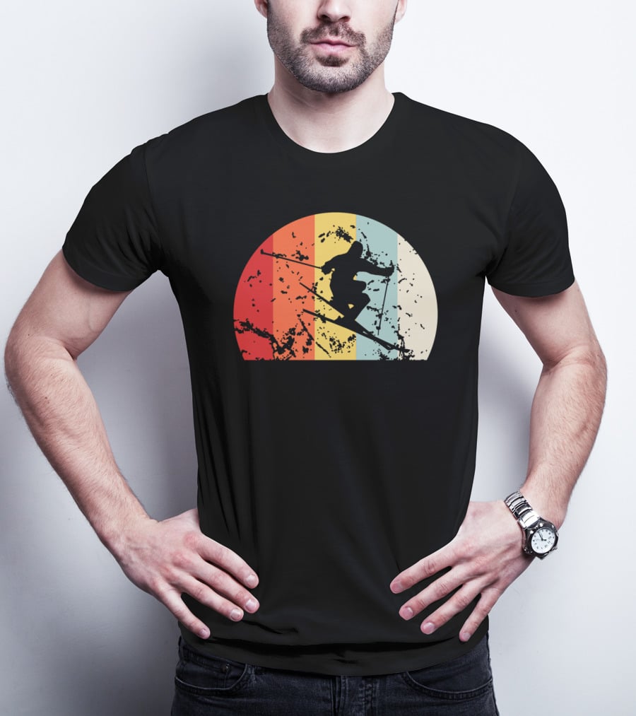 Retro Vintage Skiing Silhouette With Colorful Sunset Stripes T-Shirt