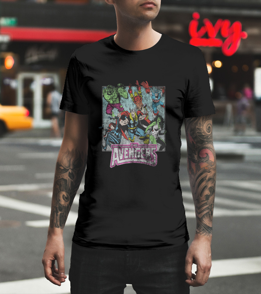Marvel Avengers The Hulk Thor Captain America Iron Man Black Widow She-Hulk Classic Group Action T-Shirt