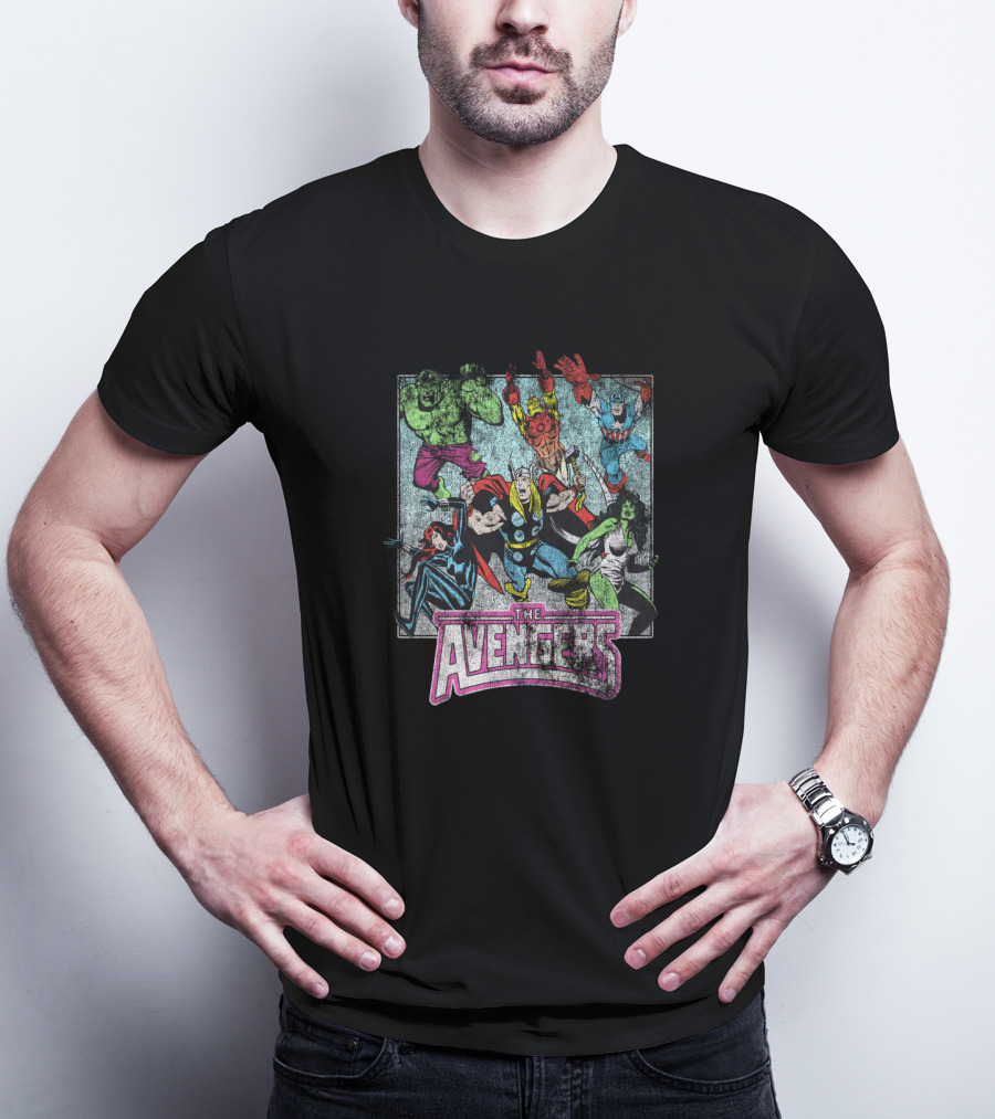 Marvel Avengers The Hulk Thor Captain America Iron Man Black Widow She-Hulk Classic Group Action T-Shirt