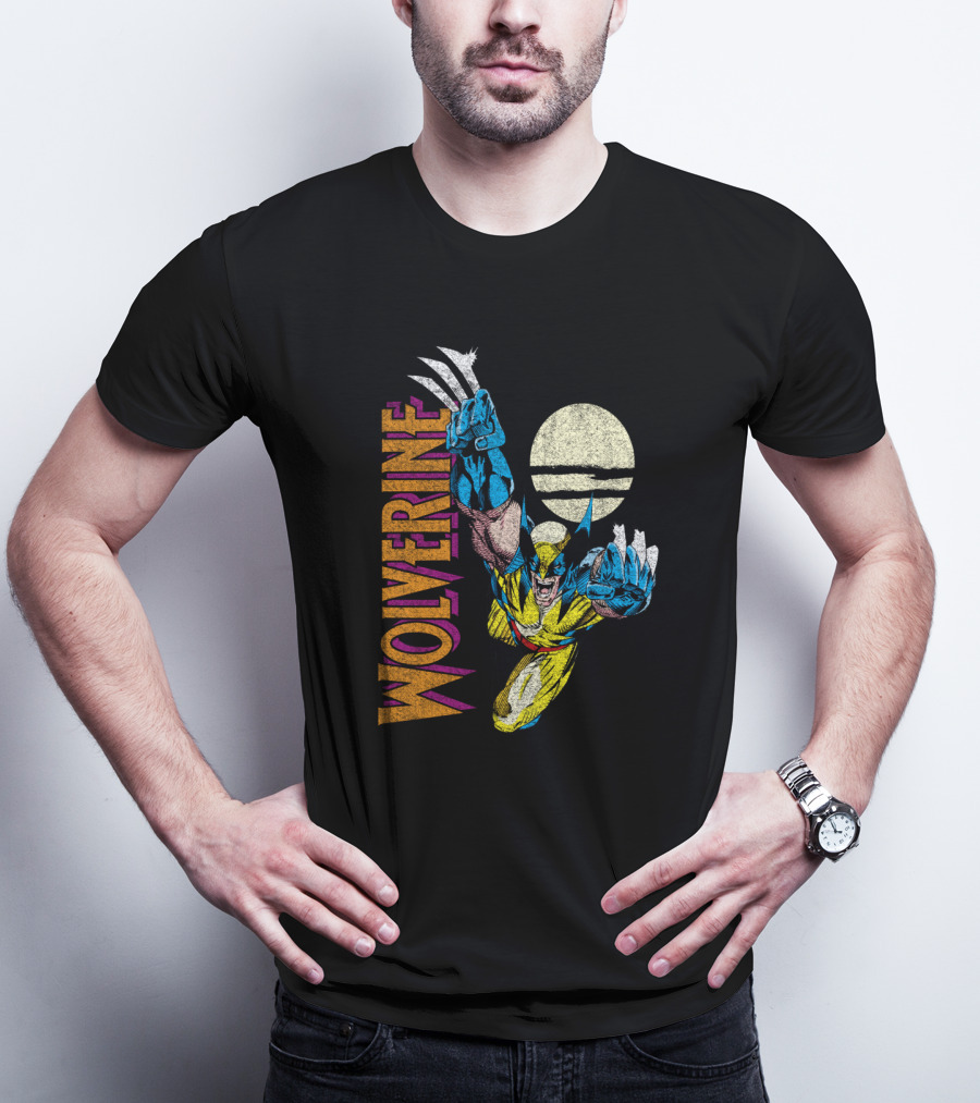 Wolverine Vintage Colorful Claws Action With Moon Marvel X Men Classic T-Shirt