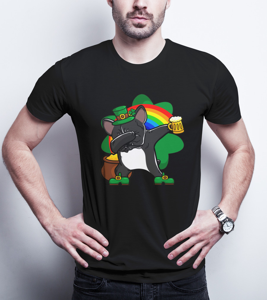 French Bulldog Dabbing Shamrock Rainbow St Patrick's Day T-Shirt