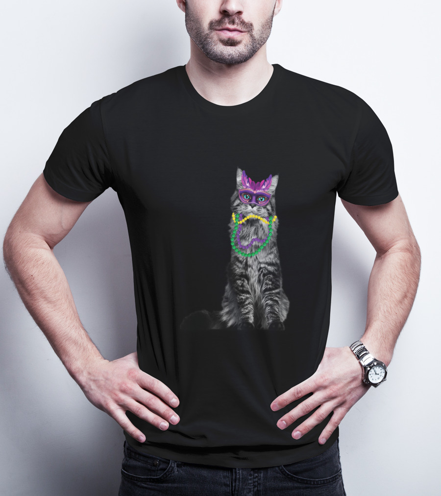 Cat Beads With Mardi Gras Mask And Decorations T-Shirt