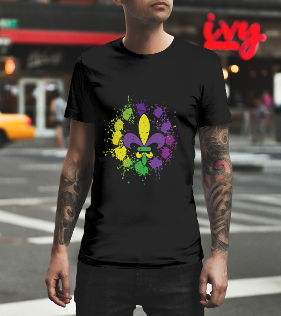 Fleur De Lis Mardi Gras Colors Paint Splatter Vintage T-Shirt