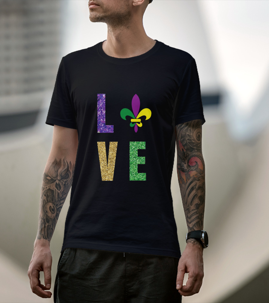 Love Fleur De Lis Mardi Gras Glitter Letters T-Shirt