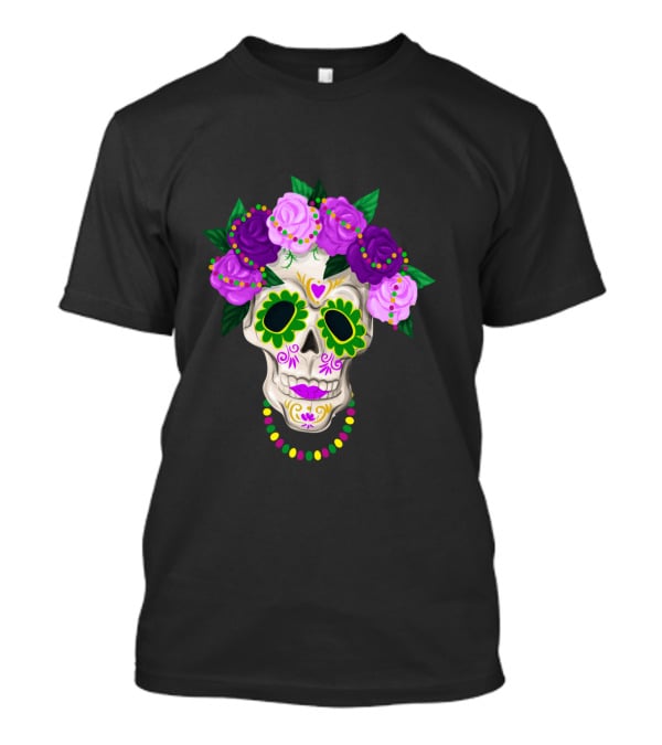 Mardi Gras Day Sugar Skull With Floral Crown And Beads T-Shirt